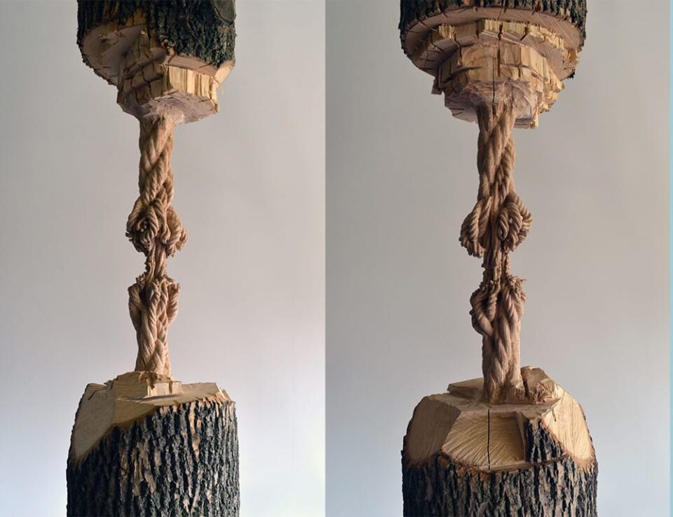 A Large Suspended Tree Trunk Carved Down to a Frayed Rope by Maskull ...